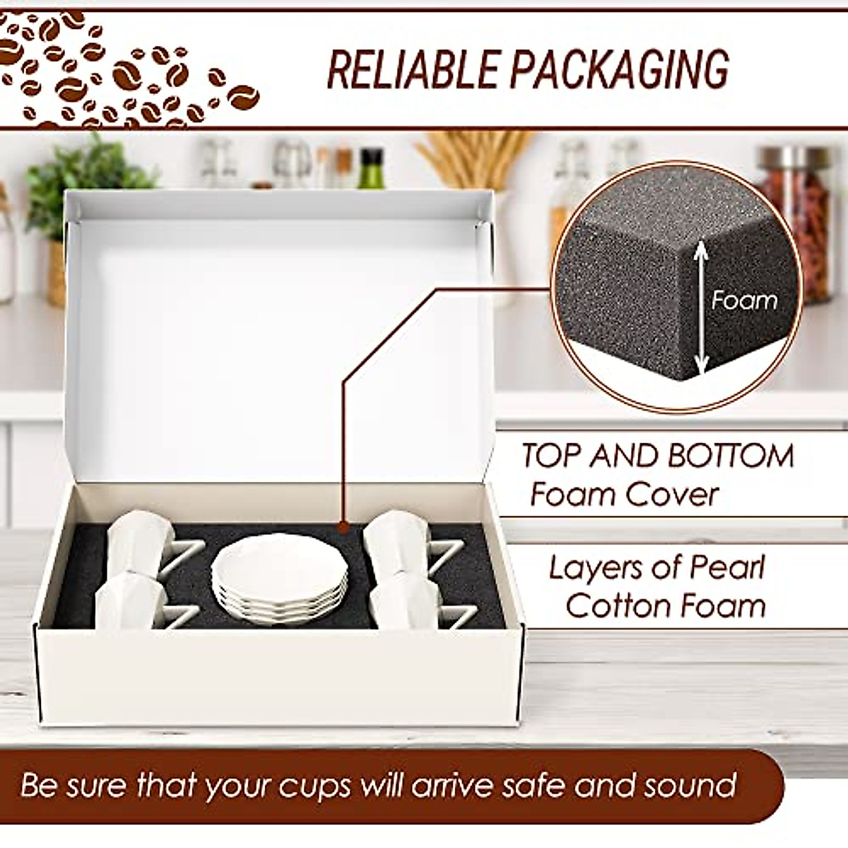 Porcelain Espresso Cups Set of 4 with Saucers - Comes with a Complimentary Espresso Drink Poster - Modern Dishwasher Safe Espresso Cup Set in Gift Box for any Occasion - 3.5 oz each, Ivory White.