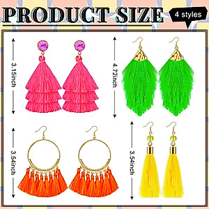 4 Pairs Neon Earrings for Women Tassel Earrings Neon Pink Earrings 80s 90s Dangle Colorful Layered Tassel Earrings for Women 80's Party Fringe Drop Earrings Girls Jewelry Birthday