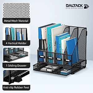 DALTACK Magazine File Holder, Desk Organizer with 4 Vertical File Holder and Drawer, Mesh File Organizer for Office Organization, Magazine Holder for Home Office School, Black