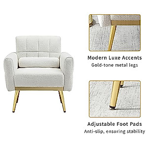 ODUSE-DAILY White Modern Accent Chairs for Living Room, Beige Teddy Fabric Arm Chair, Ivory Cream Single Sofa Chair Couch, Gold Metal Legs, for Living Room Bedroom Office Leisure (1Pcs, White)