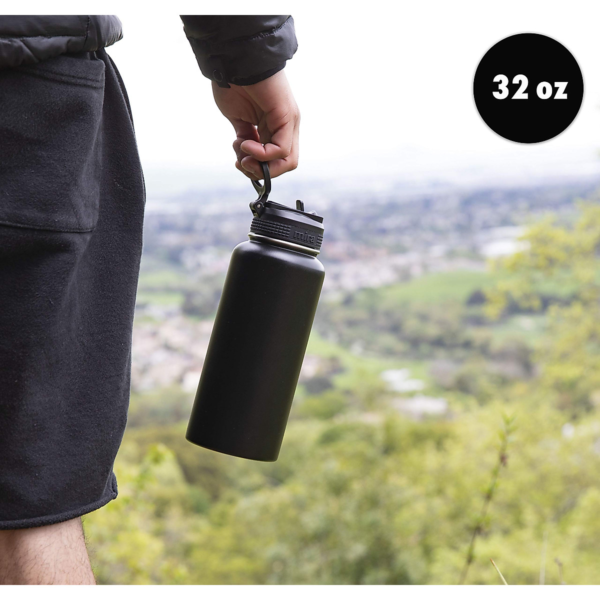 MIRA Water Bottle with Straw and Handle Lid Vacuum Insulated Stainless Steel Metal Thermos Bottle - Reusable Leak Proof Keep Cold Sports Flask - 32 oz, 2 Lids, Black