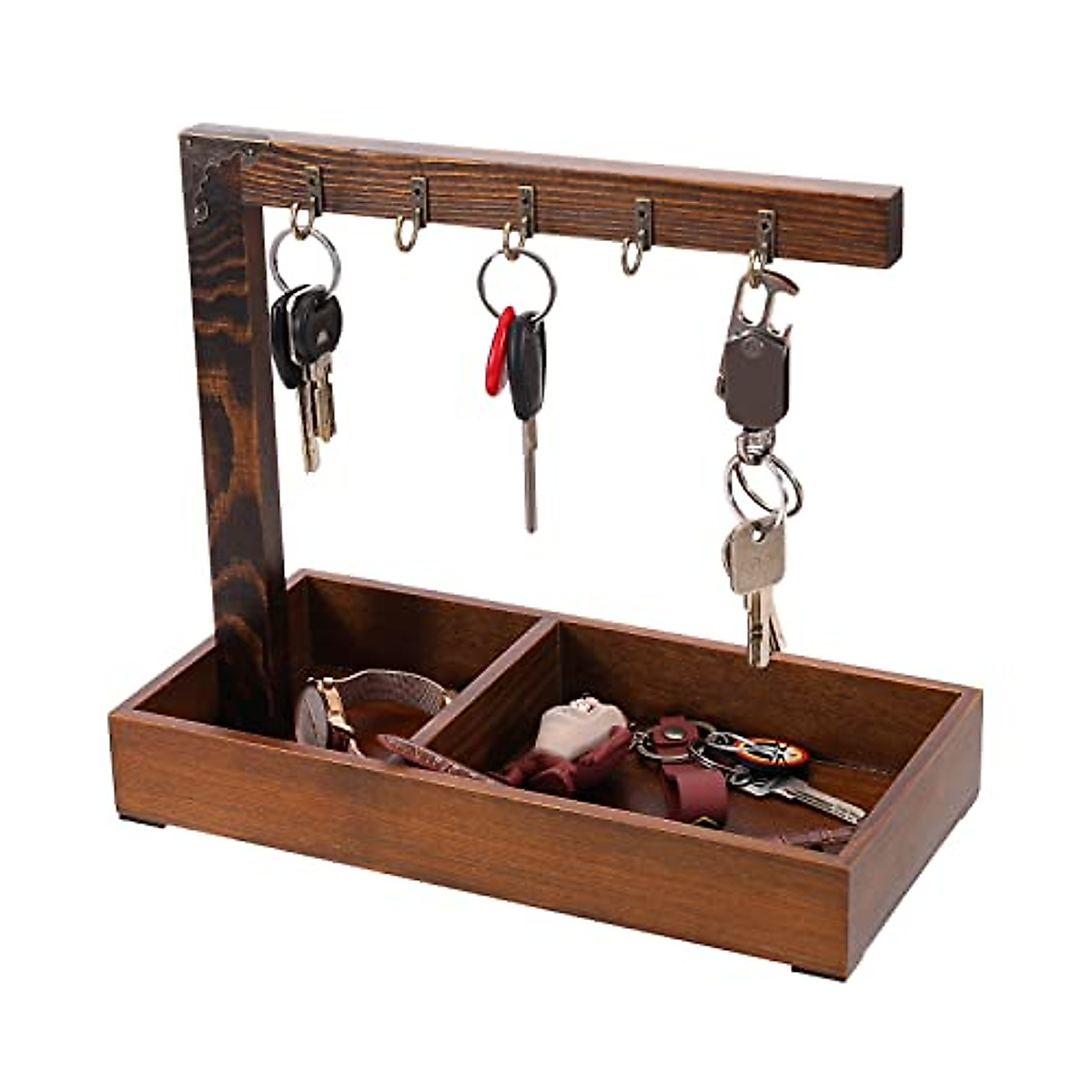 Entryway Hanging Key Holder with 5 Hooks for Desk Tabletop,Solid Wood Jewelry Storage Tray,Home Decorative Key Rack Organizer,L11.8''*W5.9''*H9.8’’, Black Walnut