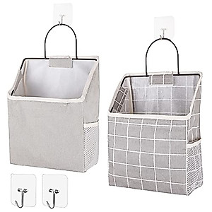 BieFuDan 2Pcs White Plaid Fabric Wall Hanging Storage with Hook, Hanging Waterproof Storage Bags with Side Mesh Pockets, Stylish Hanging Storage Pouches for Bedroom, Bathroom, Kitchen (Type 1)