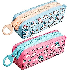 2 Pieces Unicorn Pencil Pouch Small Pencil Case School Pencil Bag Kids Pencil Pouch Cute Unicorn Pen Pouch Stationery Storage Bag Makeup Bag with Large Zipper for School Office Girls, Pink and Blue