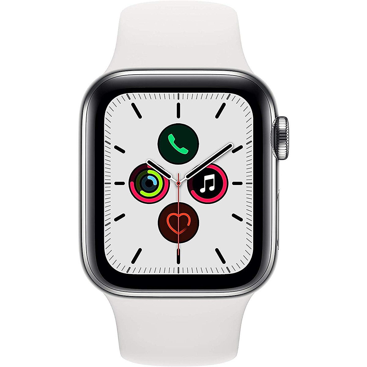 Apple Watch Series 5 (GPS + Cellular, 44MM) - Silver Stainless Steel Case with White Sport Band (Renewed)