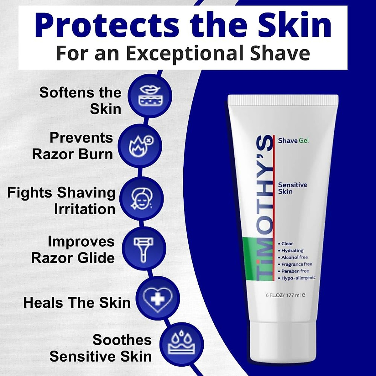 Timothy's Unscented Shave Gel, Two 3 ounce tubes, Alcohol Free, Paraben Free, Fragrance Free, SLS Free, Clear and Transparent, Slick and moisturizing