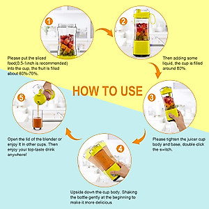 Portable Blender, Personal USB Rechargeable Juice Cup for Smoothie and Protein Shakes Mini Handheld Fruit Mixer 13Oz Bottle for Travel Gym Home Office Sports Outdoors Yellow