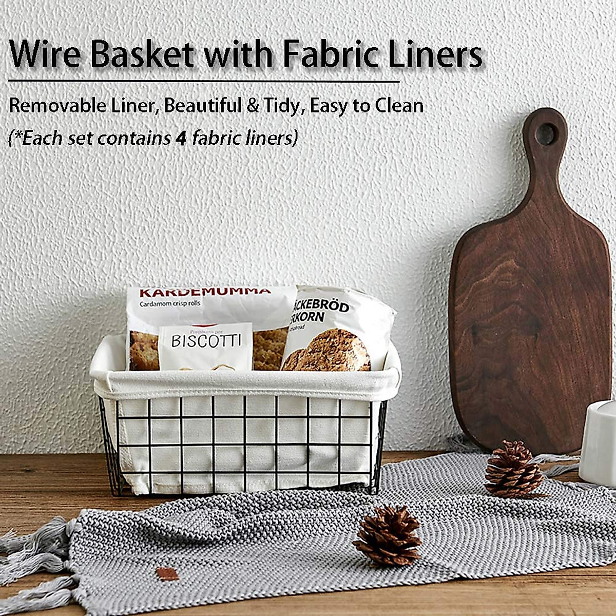 Wire Storage Baskets, 4 Pack Metal Household Organizer with 4 Pcs Fabric Liners, Refrigerator Bin with Handles, for Pantry, Shelf, Freezer, Kitchen Cabinet, Bathroom, Countertop, Closets (Black)