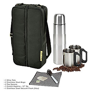 Picnic at Ascot Travel Coffee Tote for 2 Including Stainless Vacuum Flask, Cups, Creamer and Teaspoons- Designed & Assembled in the USA