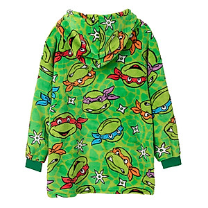 Teenage Mutant Ninja Turtles Boys Wearable Hooded Blanket | Green All Over Print Fleece Hoodie | Pullover Cartoon Loungewear