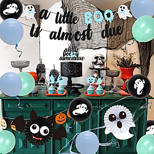 A Little Boo Is Almost Due Halloween Baby Shower Decorations for Boys - Blue Black Glitter A Little Boo Is Almost Due Banner Cake Cupcake Topper Balloons Black Bat Ghost Foil Balloons for Little Boo
