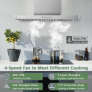 ONEEON 30" Range Hood - 900 CFM Stainless Steel Wall Mount Kitchen Exhaust with 4 Speed Fan, LED Lights, Push Button, Ultra-thin Body, Chimney Style Stove Vent Hood & Ducted Exhaust Vent
