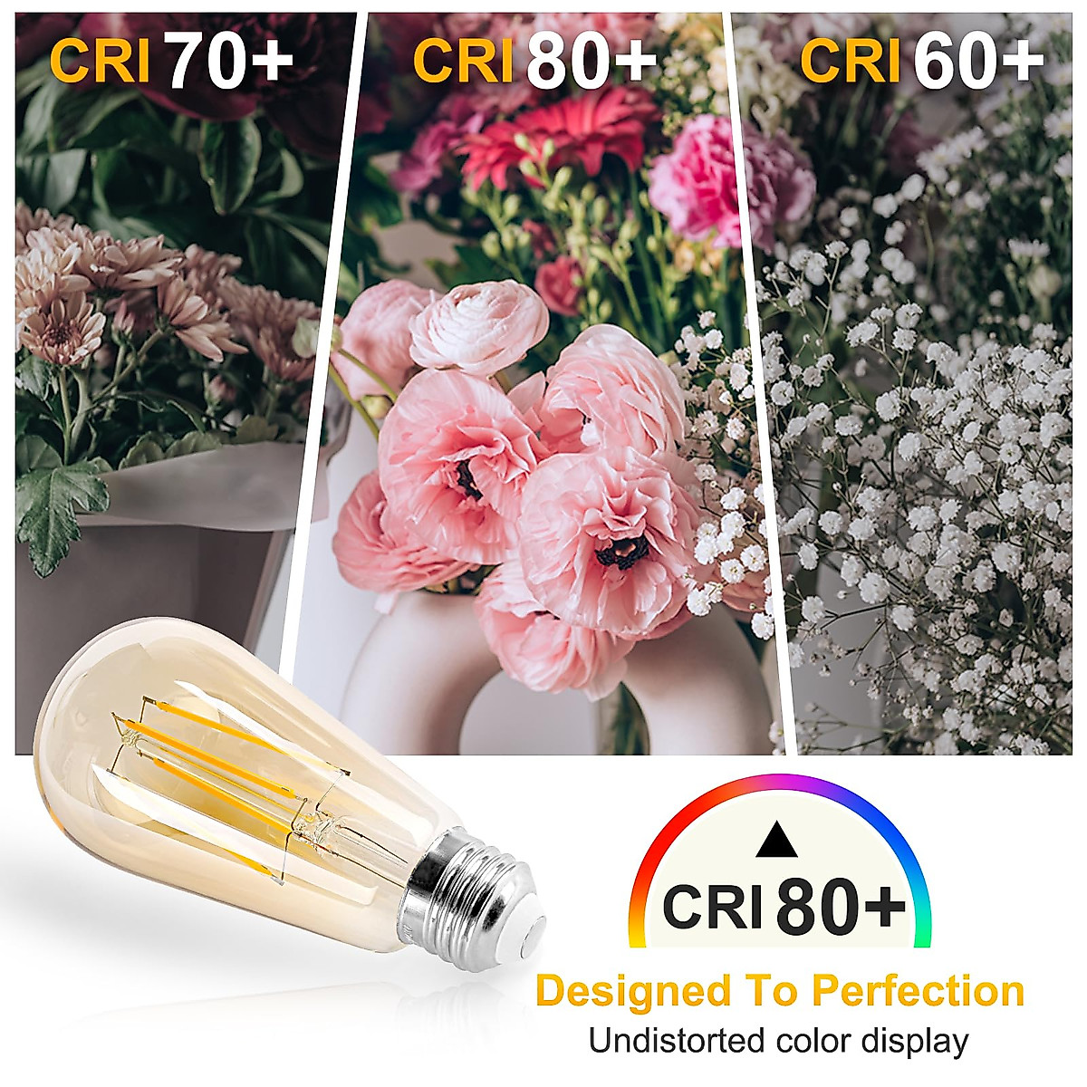 TopLeder Vintage LED Edison Bulbs 6W, Equivalent 60W Incandescent, Warm White 2700K, E26 Medium Base, Non-Dimmable, ST58 Antique LED Filament Bulbs with 80+ CRI, Amber Glass, Pack of 6