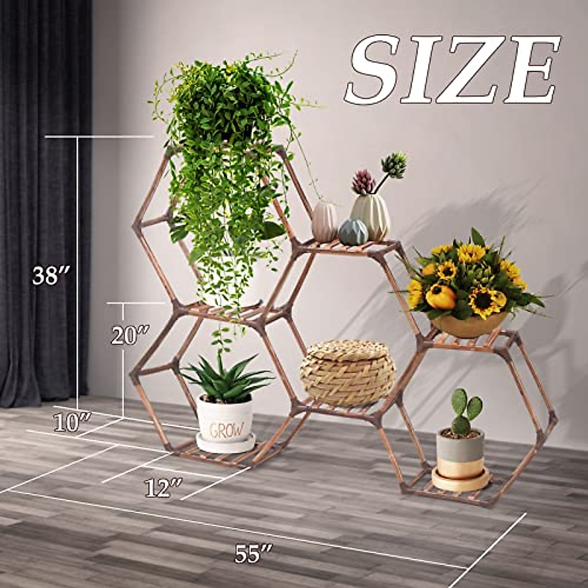 WASUMI Hexagonal Plant Stand Indoor, Plant Shelf Large 7 Tiers Wood Plant Stands Outdoor for Multiple Plants, DIY Flower Potted Plant Holder for Corner, Balcony, Patio, Garden, Living Room