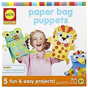 ALEX Toys Paper Bag Puppets Kids Art and Craft Activity Multicolor, includes 5 colored bags, 270 stickers and paper shapes, glue stick and easy picture instructions