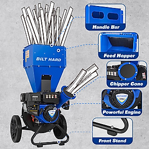 BILT HARD Wood Chipper - 7.5 HP 224cc Gas Powered Shredder Mulcher, 3 in 1 Multi-Function Heavy Duty, 3" Max Wood Diameter Capacity with Collection Bag