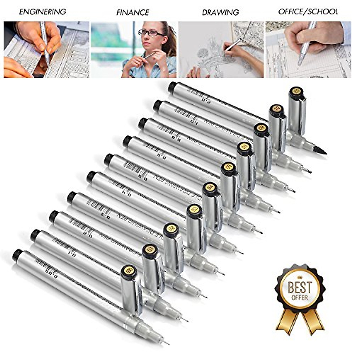 Set of 10 Black Micro-Pen Fineliner Ink Pens, Anti-Bleed & Waterproof Archival ink,Brush & Calligraphy Tip Nibs - Artist Illustration, Office Documents, Scrapbooking, Technical Drawing