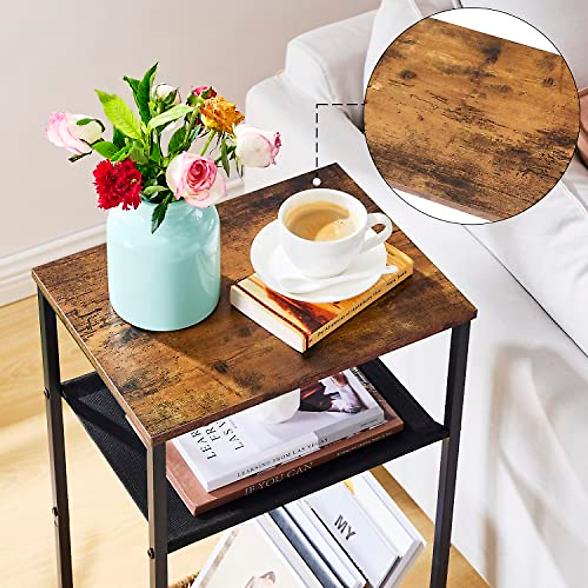 Hoctieon 3 Tier End Table, Telephone Table, Narrow Side Table with Storage, Nightstand for Small Spaces, Metal Frame, For Living Room, Bedroom, Sofa Couch, Hall, Easy Assembly, Rustic Brown