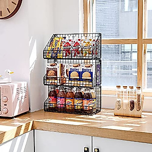 3 Tier Stackable Tea Bag Organizer with 3 Divinder 5 Hooks Metal Wire Basket Snack Rack Holder Countertop Caddy Bin Wall Mount Shelf for Office Kitchen Cabinet Pantry Patent Pending