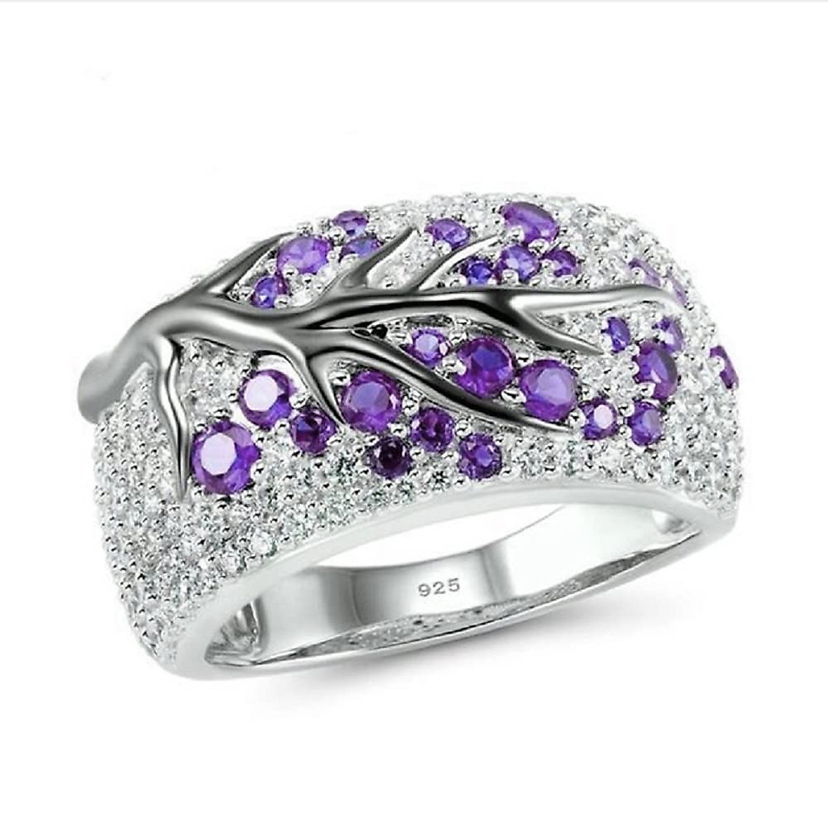 ZJQZBSS Vintage Forest Style Hand Drop Glaze Design Tree Ring 925 Sterling Silver Sparkling Purple Diamond Ring 18K Gold Cocktail Ring CZ Diamond Halo Ring Women's Engagement Wedding Rings (10)