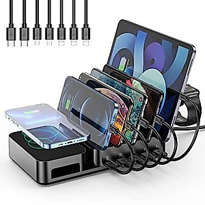 Wireless Charging Station for Multiple Devices, 75W 5 Ports USB Charging Station with PD USB-C & QC 3.0 Ports and Wireless Charging Pad,7 Short Charging Cables Included for iPhone iPad,Tablets