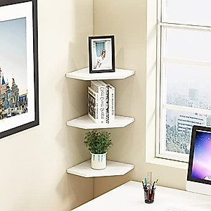 POCURBAN 12" Floating Corner Shelves Set of 3,Wall Mounted Storage Shelf with White Painted Finish for Small Plant, Photo Frame, Toys TV Accessories, Speaker, Cable Box, Game Console and More