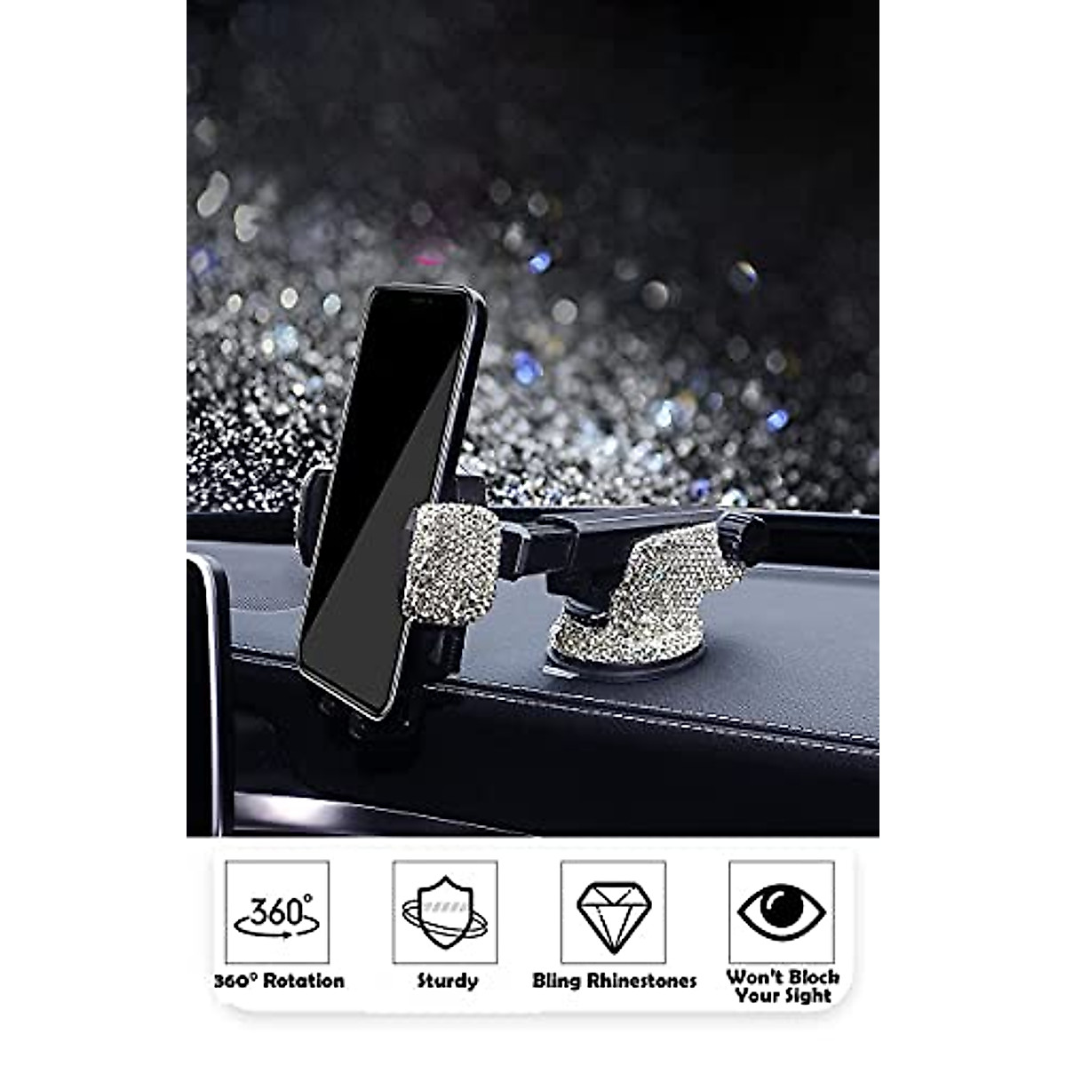 LYCARESUN Bling Car Phone Mount Holder, Shiny Crystal Rhinestone Phone Stand for Women and Girls, Car Accessories for Windshield Dashboard,Compatible with iPhone and Most Cellphones