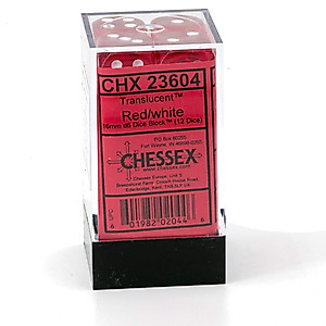 Chessex Translucent 16mm d6 Red w/White Dice Block 12 pipped dice