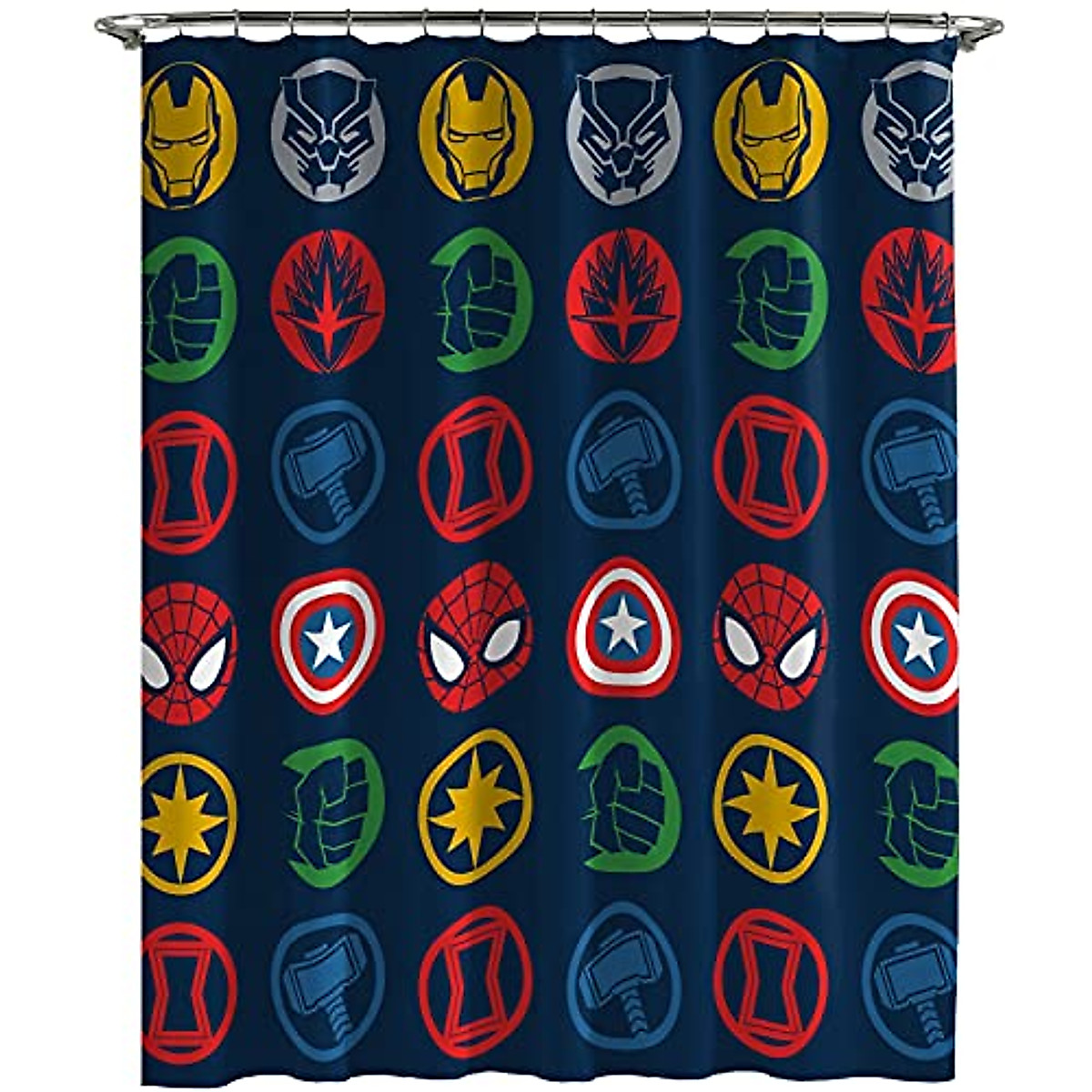Jay Franco Marvel Avengers Shields 14 Piece Bathroom Set - Includes Shower Curtain, 12 Hooks, & Non-Slip Bath Rug - Easy Care Fabric (Official Marvel Product)