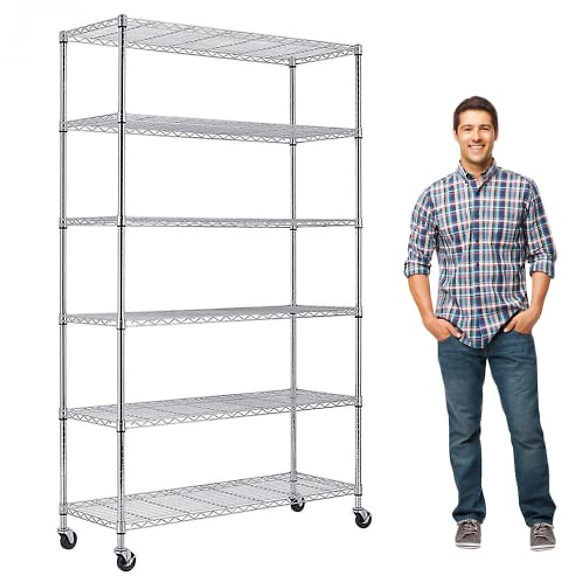 Wire Shelving Unit with Wheels, 6 Tier Adjustable Metal Shelving Heavy Duty Storage Shelves 2100 Lbs Capacity 48" L X 18" W X 82" H Metal Shelf for Pantry Kitchen Basement, Chrome