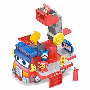 GO GO BUS STOP Fire Truck Action Figure Toy Vehicle Playsets, Cartoon Kids Play Truck with Rescue Ladder, No Sharp Edges, Safe and Durable Materials, Birthday Gift for Boys and Girls