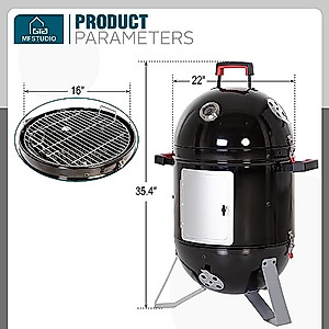 MFSTUDIO 18" Vertical Smoker and BBQ Grill, Pure Porcelain-Enameled Smokey Mountain Cooker, Heavy Duty Charcoal & Woods Outdoor Grill for Smoker, Black