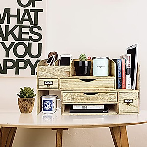 Ikee Design Large Extendable Wooden Desktop Organizer for Office Supplies, Storage Shelf Rack Book Shelf, Stationary Compartment Holder, 17 1/4" W x 7 1/2" D x 12" H