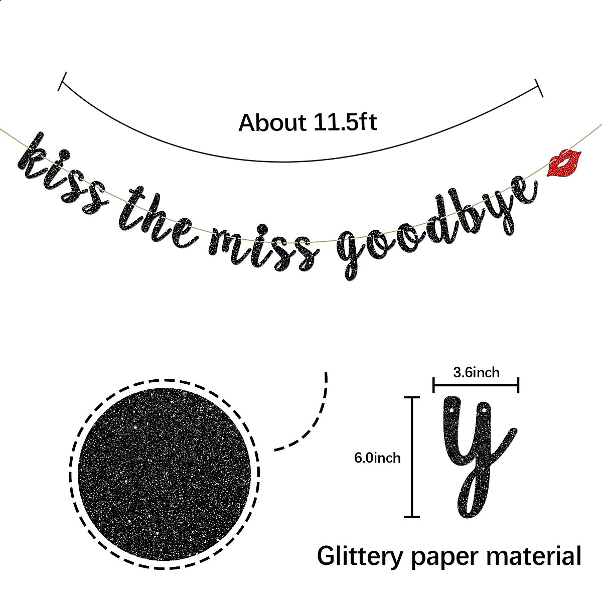 INNORU Kiss the Miss Goodbye Banner - Engagement Party Decor - Miss to Mrs Party Decorations Supplies, Bridal Shower Party Bunting Decorations, Black Glitter