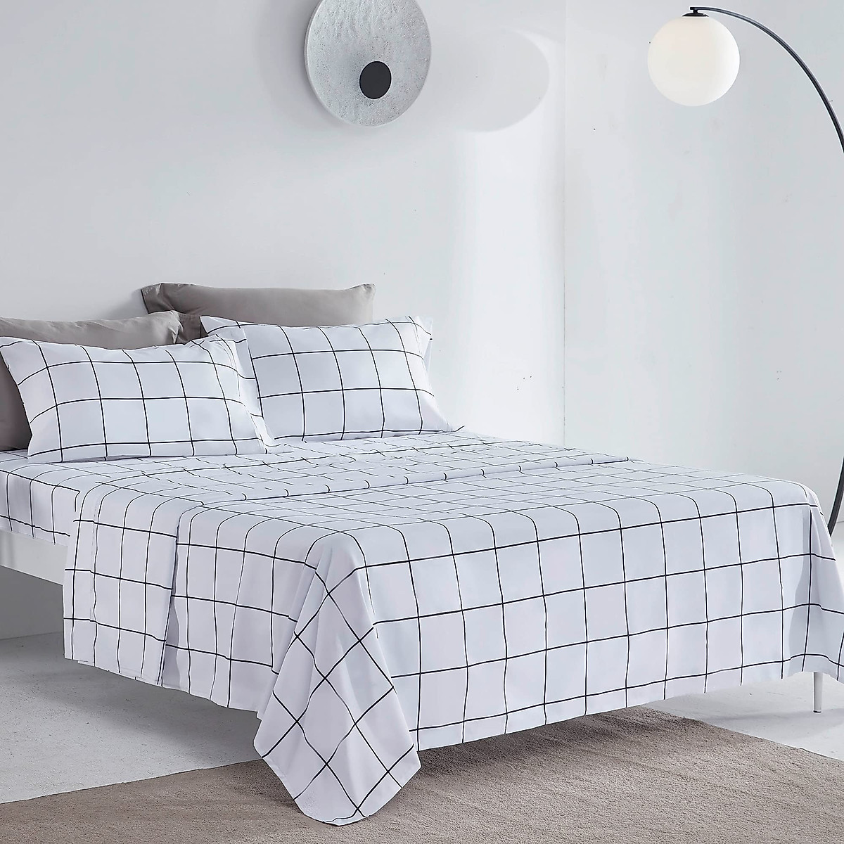 SLEEP ZONE Printed Plaid Twin Bed Sheets Set for Kids 3 Piece - Double Brushed Microfiber Super Soft Breathable Bedding Sheets with 16 inch Deep Pocket (Black Grid Printed on White)