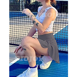 RIOJOY Tennis Skirts for Women with Pockets Inner Shorts Cross High Waisted Golf Athletic Running Workout Sports Outfits(A# V-Waist Grey,S)