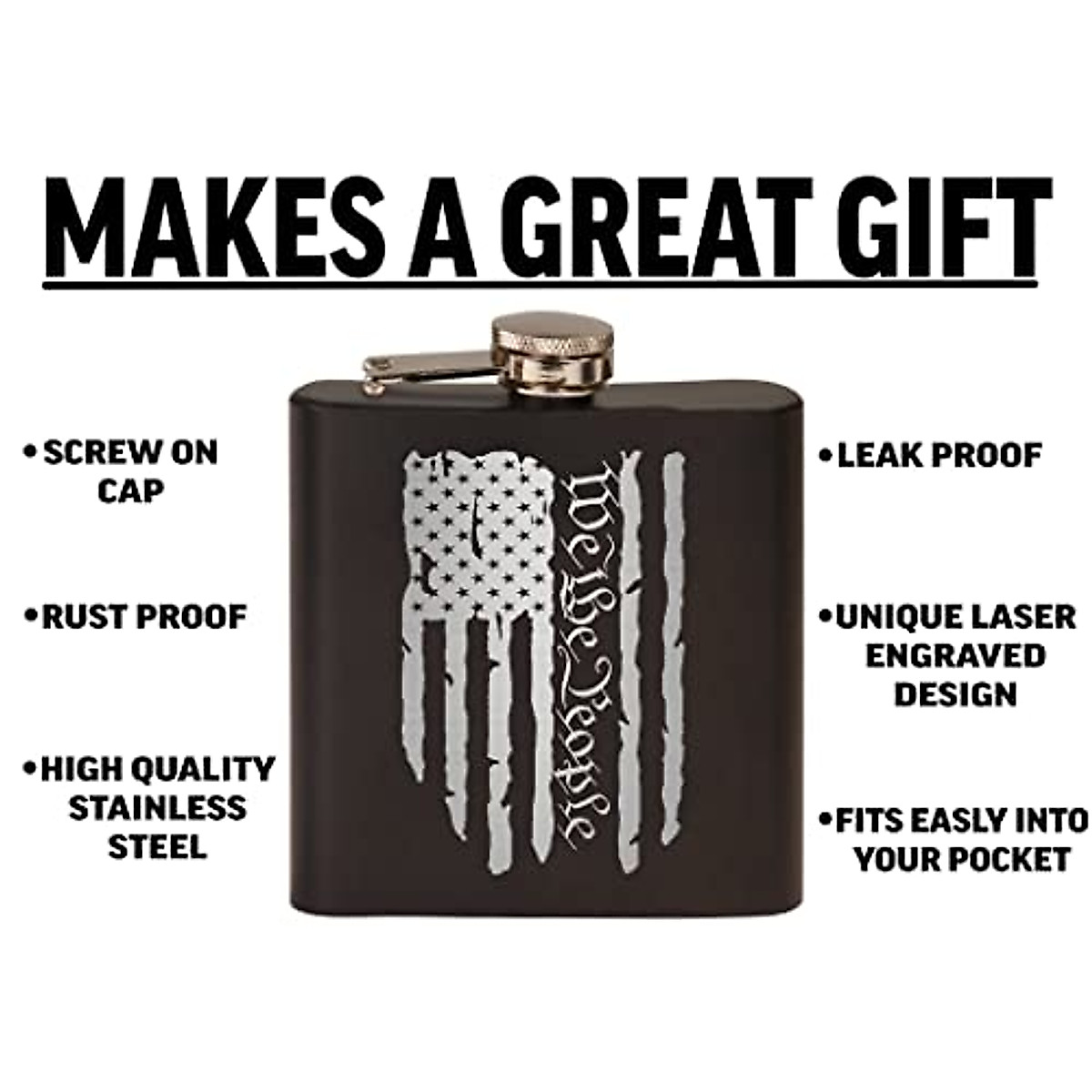 Rogue River Tactical USA American Flag We The People Constitution Stainless Steel Hip Flask Premium Matte Black Makes a Great Gift For Him Dad Father