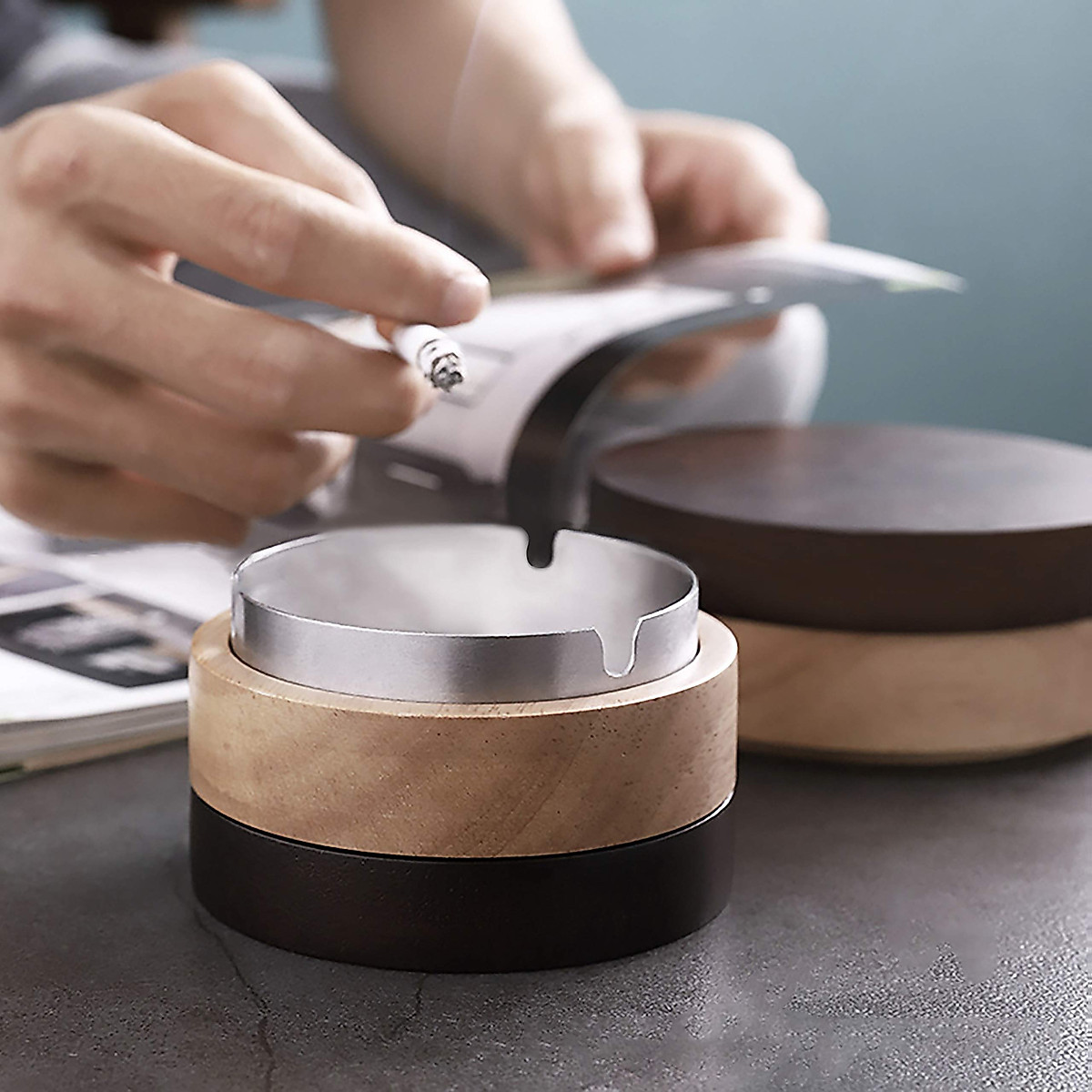 Ashtray with Lid, VViN Windproof Ashtray for Indoor and Outdoor Use, Wooden with Stainless Steel Liner, Portable Ash Tray for Home, Office, Patio, Garden Decoration