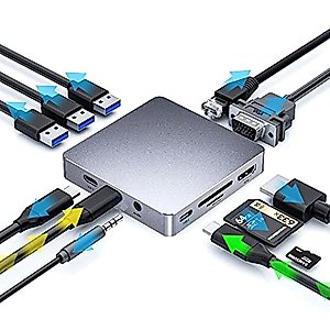 14 in 1 USB 3.1 Type-C HUB USB -C to HDMI 4K 30Hz VGA 100W PD Charging Adapter RJ45 Audio SD TF Card Reader USB 3.0 Hub for MacBook Nintendo Samsung Dex (Silver)