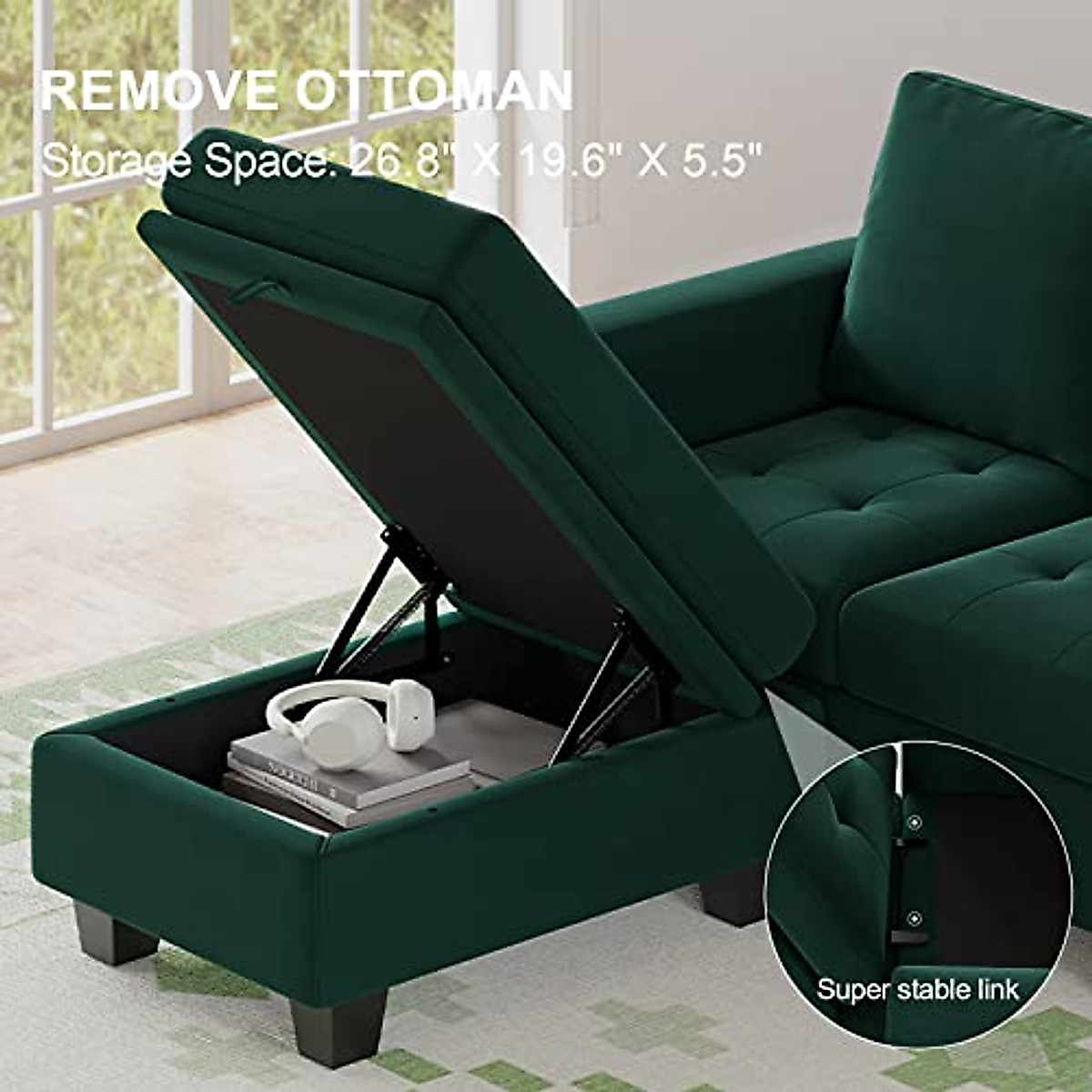 Belffin Velvet U Shaped Sectional Sofa Couch with Storage Ottoman Convertibel Sectional Sofa with Reversible Chaises Green