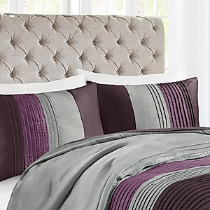 Madison Park Amherst Faux Silk Comforter Set-Casual Contemporary Design All Season Down Alternative Bedding, Matching Shams, Bedskirt, Decorative Pillows, King(104"x92"), Purple, 7 Piece (MP10-127)