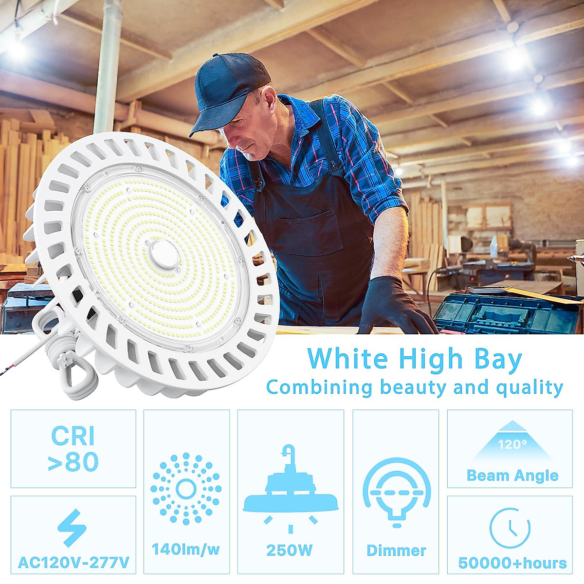 HYPERLITE High Bay Led Lights 250W 35,000LM(140lm/w) 4000K CRI>80 1-10V Dimmable 5' Cable with 110V Plug Hanging Hook Safe Rope UL Listed High Bay Led Lighting for Stadium Exhibition Hall