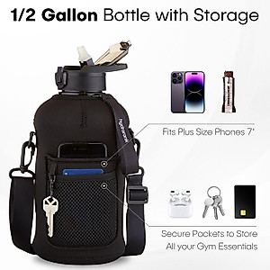 Half Gallon Water Bottle with Storage Sleeve and Straw Lid - BPA Free Large Gym Water Bottle with Pockets - Leak Proof - Reusable Black Water Jug with Strap, Handle for Daily Hydration (74 Ounce)