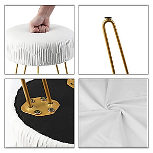 TOUCH-RICH Stripe Velvet Vanity Chair Round Ottoman,Upholstered Vanity Makeup Footstool Side Table Dressing Chair with Golden Metal Legs (White, Round-Normal)