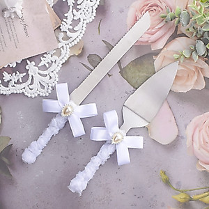 ATAILOVE Wedding Cake Knife and Server Set, White Lace Stainless Steel Cake Knife Serveing, Wedding Knife Set for Bride and Groom
