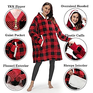 Fantaslook Wearable Blankets Quarter Zipper Blanket Hoodie Microfiber & Sherpa Oversized Sweatshirt for Women & Men（Checkered）