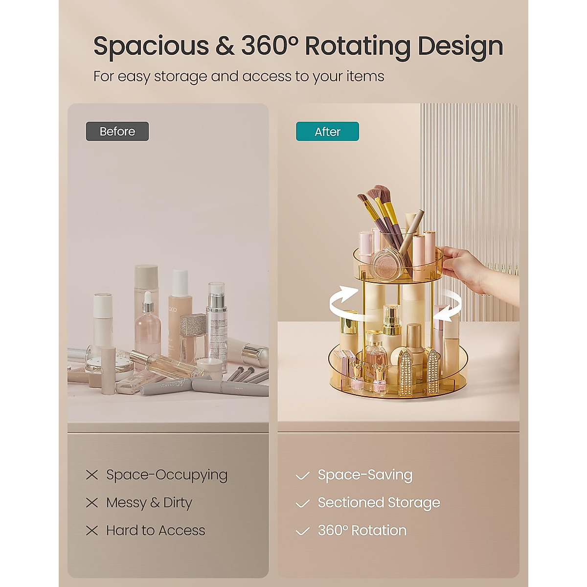 SONGMICS Makeup Organizer, 2-Tier Round Rotating Skincare Organizer, Extra Top Tray Included, Customizable, Large Capacity, Toiletries Vanity Organizer, Champagne Gold UJKA027A01