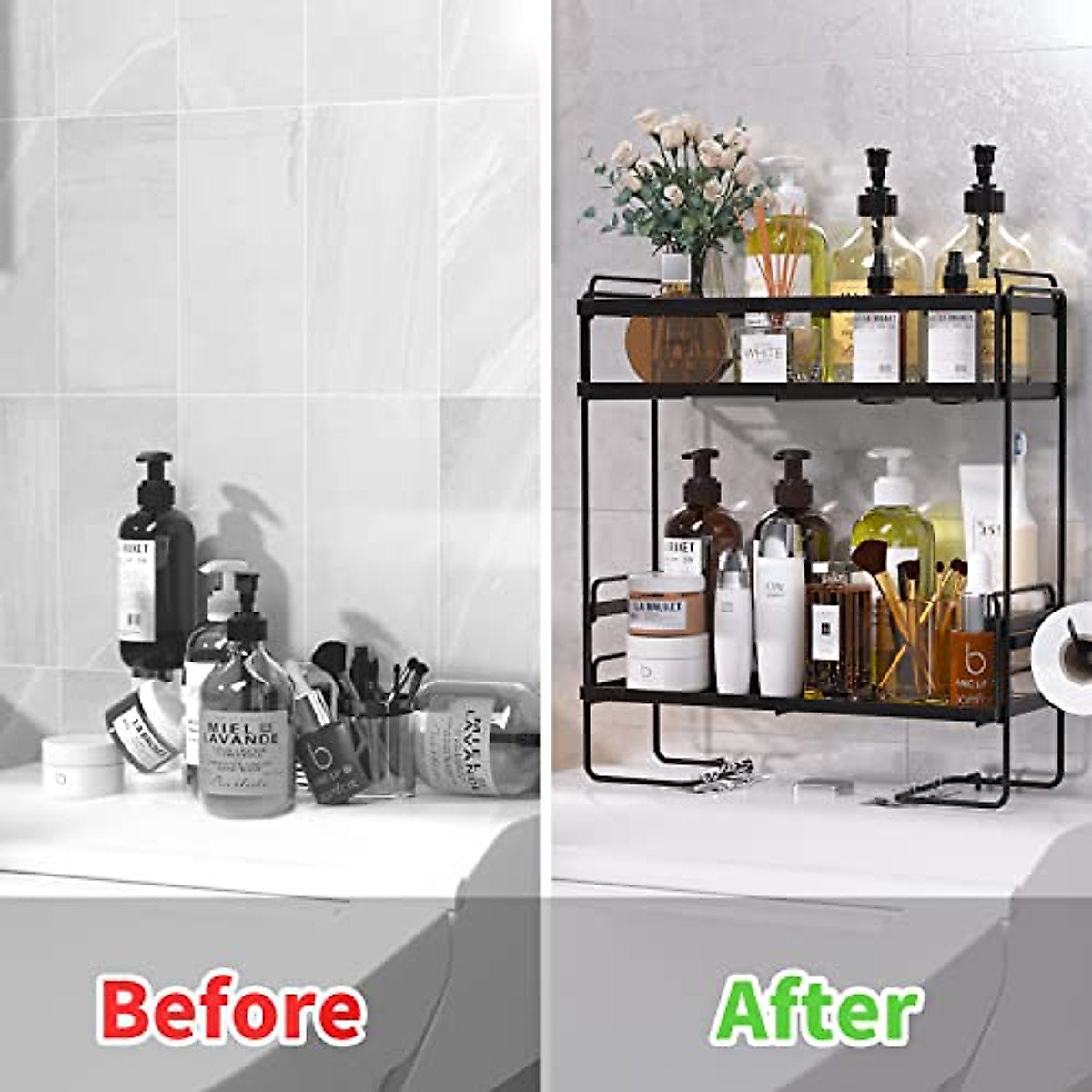 NUTSAAKK Bathroom Over The Toilet Storage Shelf, 2-Tier Bathroom Organizer Over Toilet, Above Toilet Storage with Non-Trace Adhesive, No Drilling Toilet Organizer, Toilet Paper Holder (Upgrade Black)