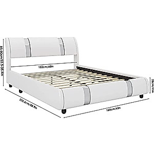 Keyluv Modern Faux Leather Upholstered Platform Bed Frame with Mirror Metal Decoration Headboard, Curved Headboard, Wooden Slats Support, No Box Spring Needed, Queen Size, White