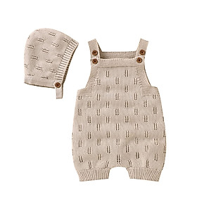 LAWKUL Baby Knit Romper Sleeveless 100% Cotton Jumpsuit with Hat Newborn Outfits Overall Bodysuit One Piece 2pcs Beige 0-6M